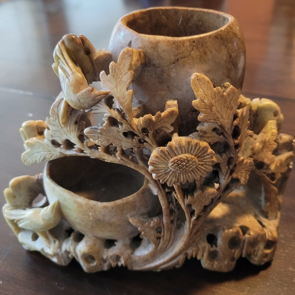 Art | Vtge Chinese Soapstone Hand Carved 2 Pot Vaseinkwell Floralbirds ...